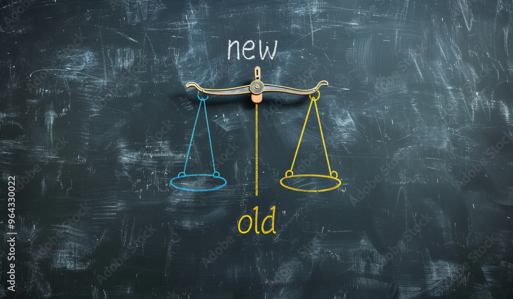 Drawing of a balance scale with one side labeled "new" and the other ...