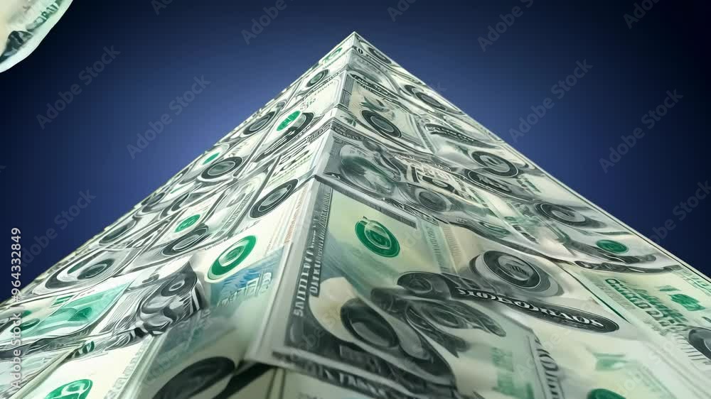 Pyramid of stacked dollar bills expands while zooming out, with ambient ...