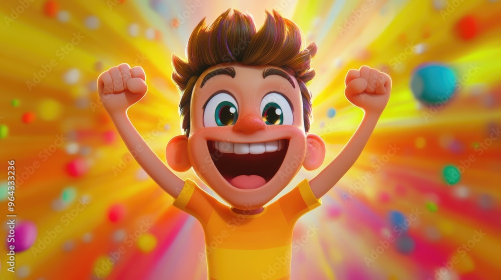 3D cartoon character with a wide grin, fist raised in triumph ...