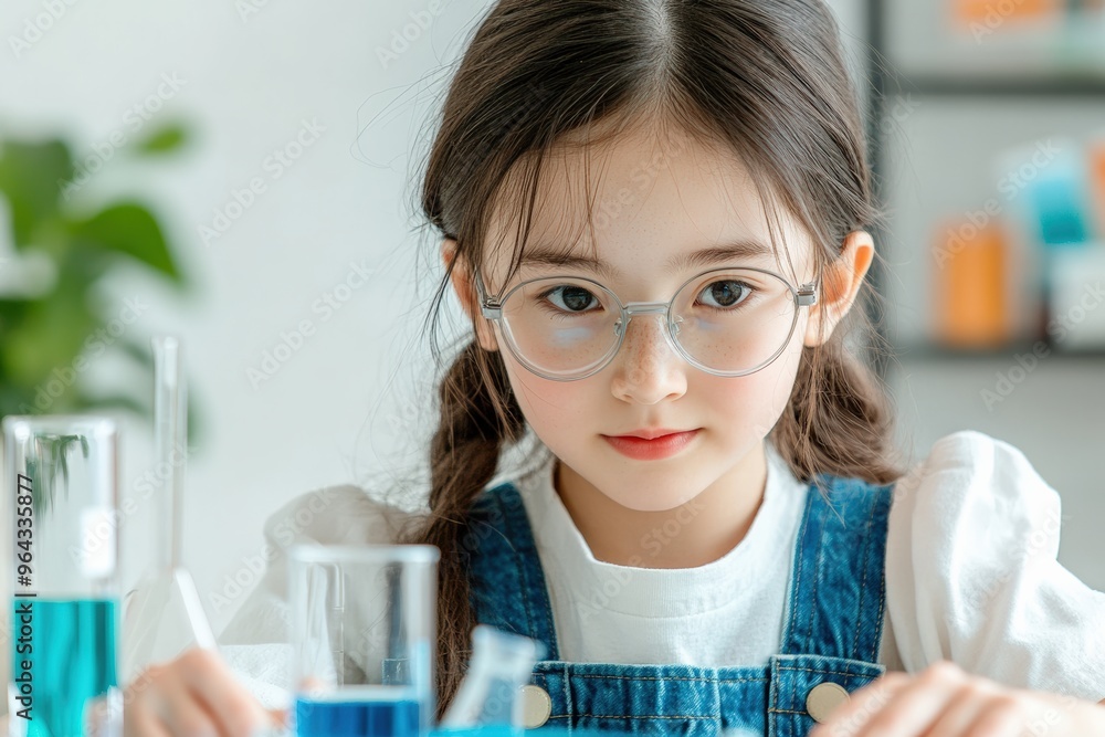 A focused young girl in glasses conducting a science experiment with ...