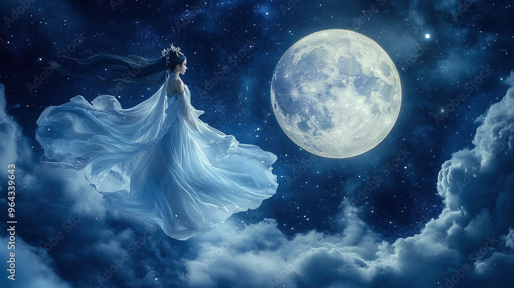 An elegant depiction of Chang'e, the moon goddess floating in the night ...