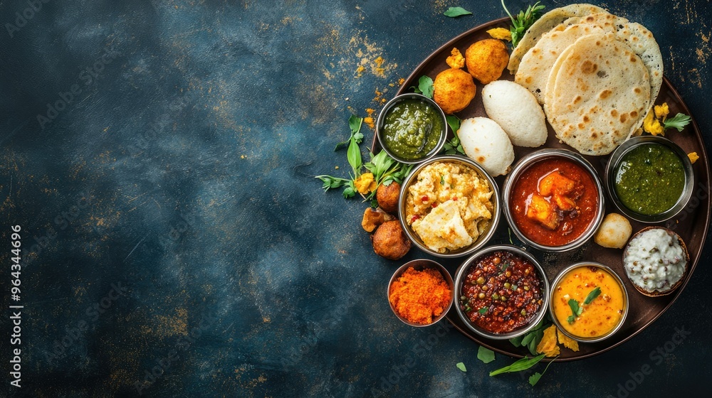 South Indian tiffin platter with idli, dosa, vada, and chutneys. Top ...