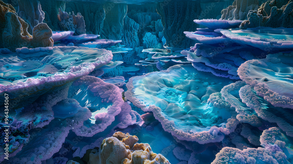 Coral atoll with reefs shaped like motherboards and lagoon waters ...