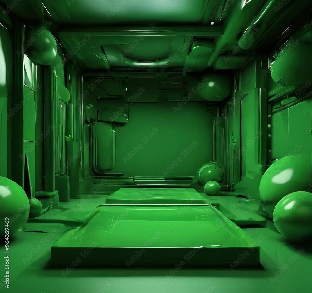 a room with a green color scheme, featuring a large green sphere on the ...
