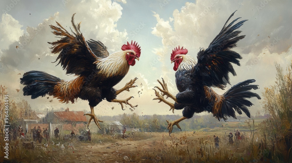 Dramatic scene of two roosters fighting in mid-air, claws extended ...