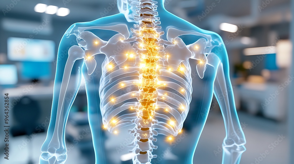 A human skeleton with a translucent blue hue in a futuristic medical ...