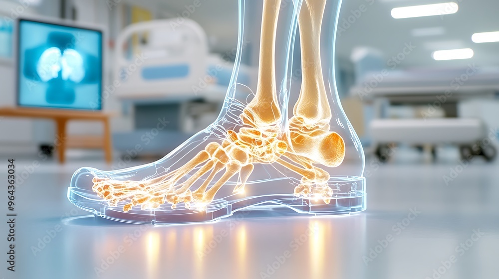 A human skeleton with a translucent blue hue in a sleek hospital room ...