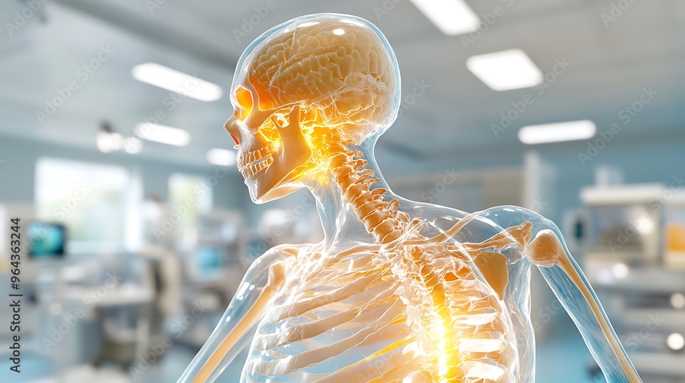 A human skeleton with a translucent blue appearance in a cutting-edge ...