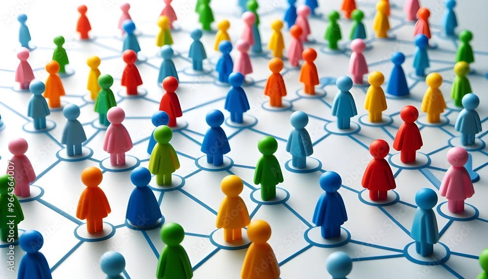 Colorful figurines connected by lines on a network grid illustrating ...