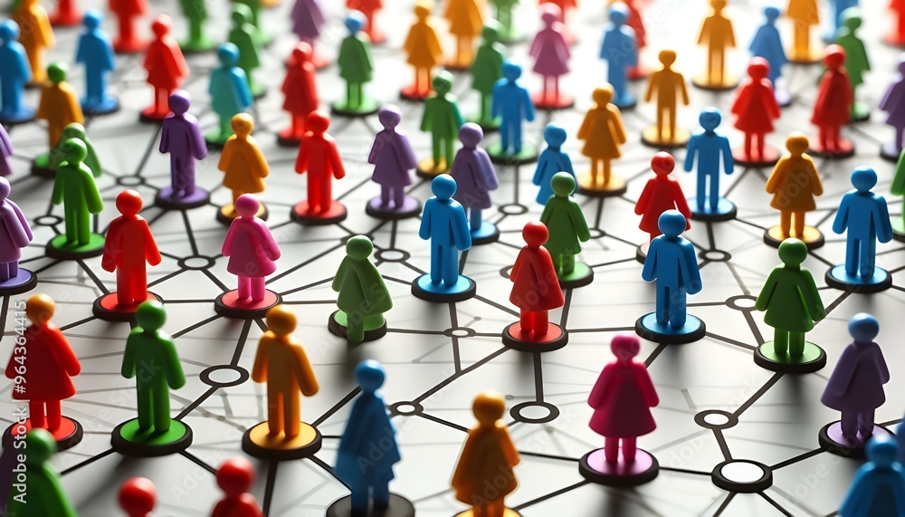 Colorful figurines connected by lines on a network grid illustrating ...