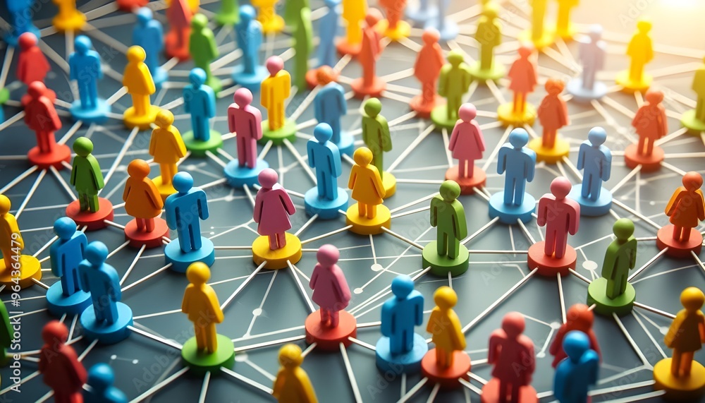 Colorful figurines connected by lines on a network grid illustrating ...