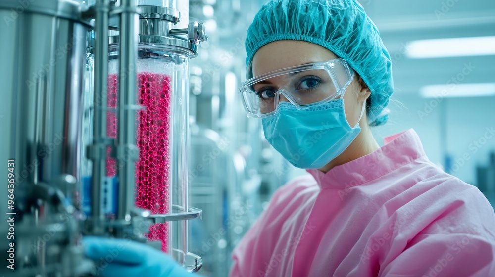 Scientist inserting genetically modified organisms into bioreactors in ...