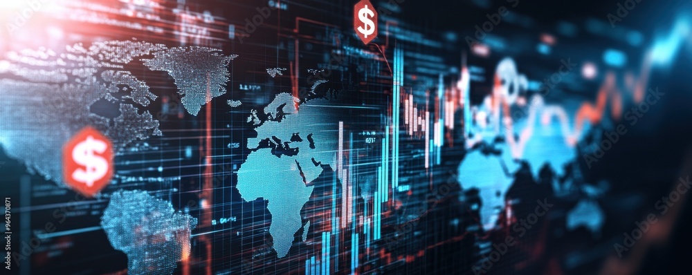 Digital illustration of global financial data with world map and ...