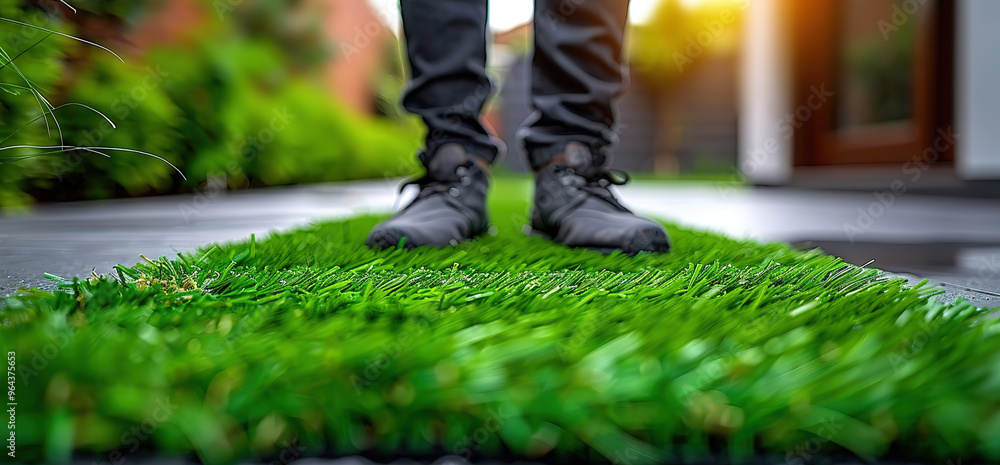 Close up view of a person's feet standing on artificial grass. The ...