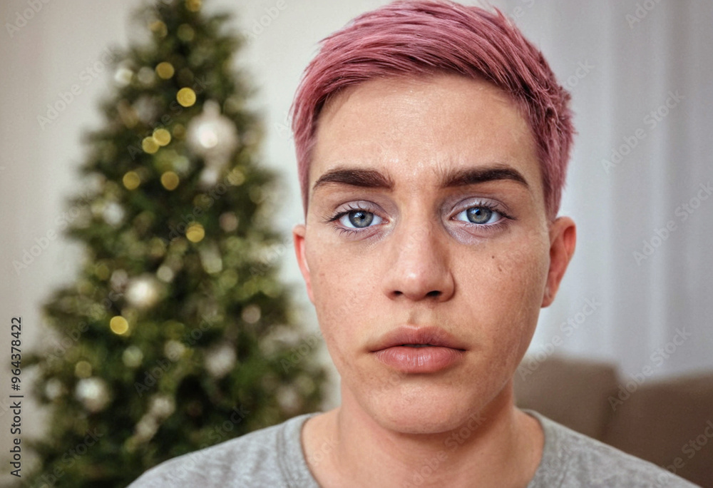 Transgender young man, age 20-30, pink hair, sad, demotivated, close-up ...