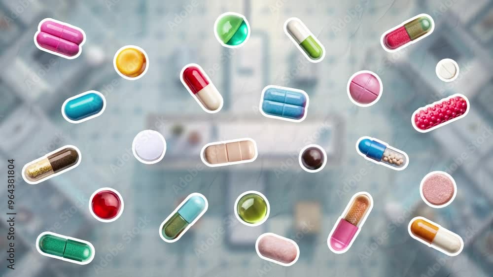 Many different medical pills and capsules of different colors appear ...