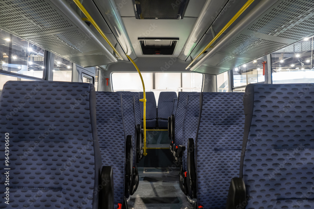 Bus interior. Vehicle for transporting passengers. Bus with empty seats ...