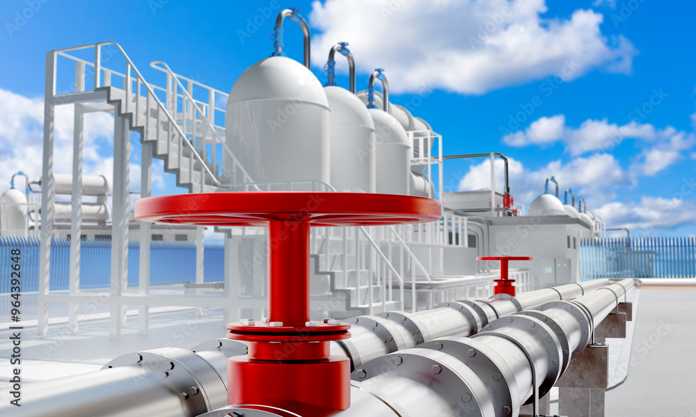 Oil factory. Manufactory with high pressure tanks. Oil factory in sunny ...