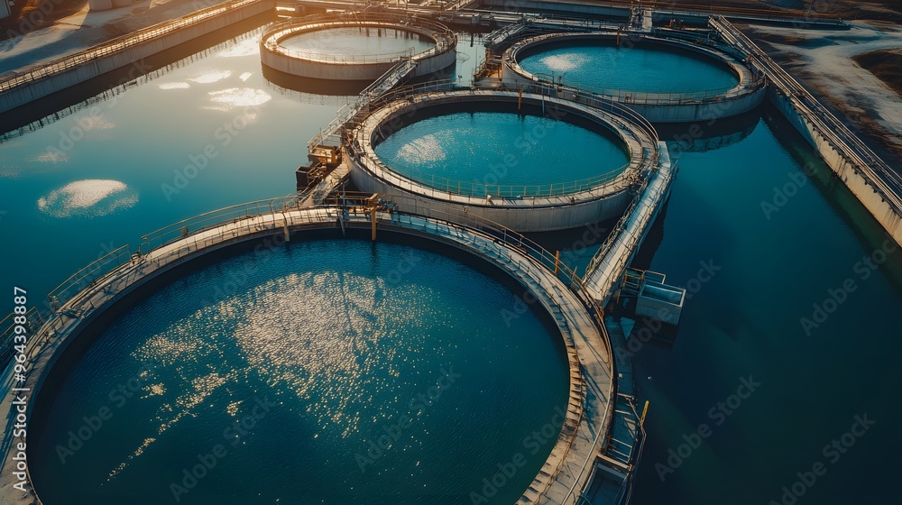 Bright wastewater treatment plant, circular settling tanks, vibrant ...