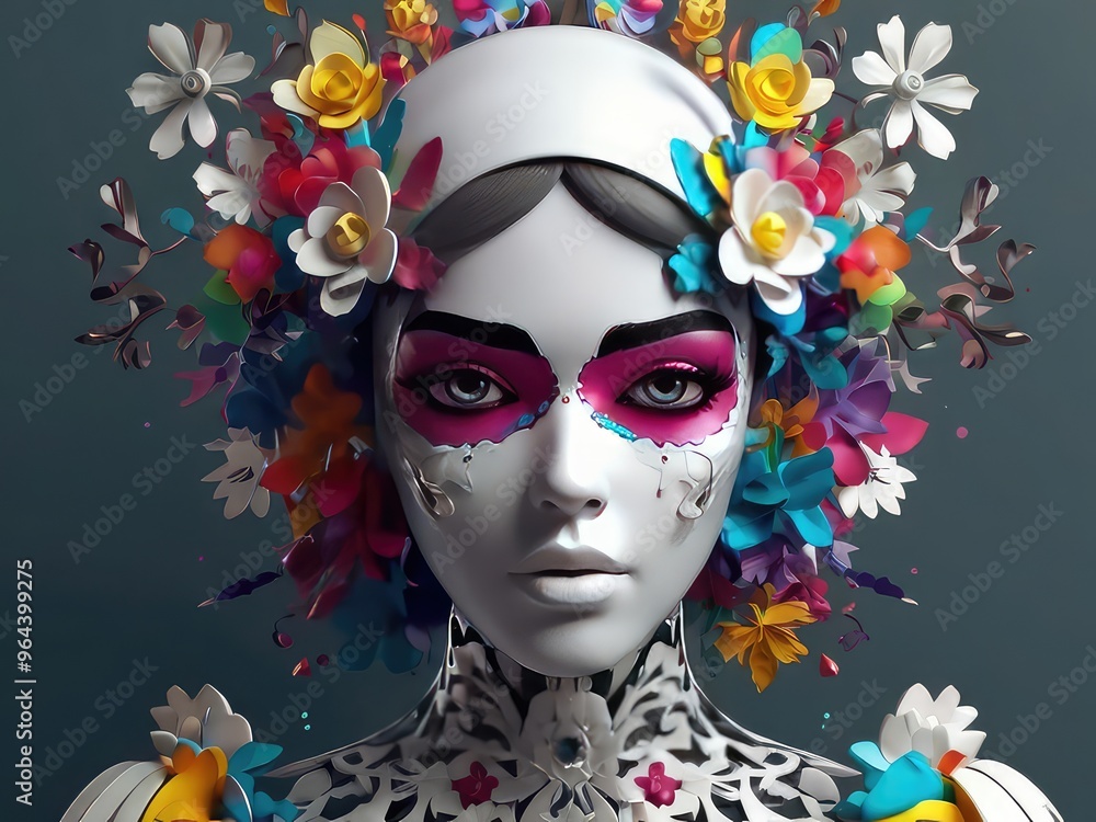Painting drawing generative ai collage of scary girl with flowers in ...