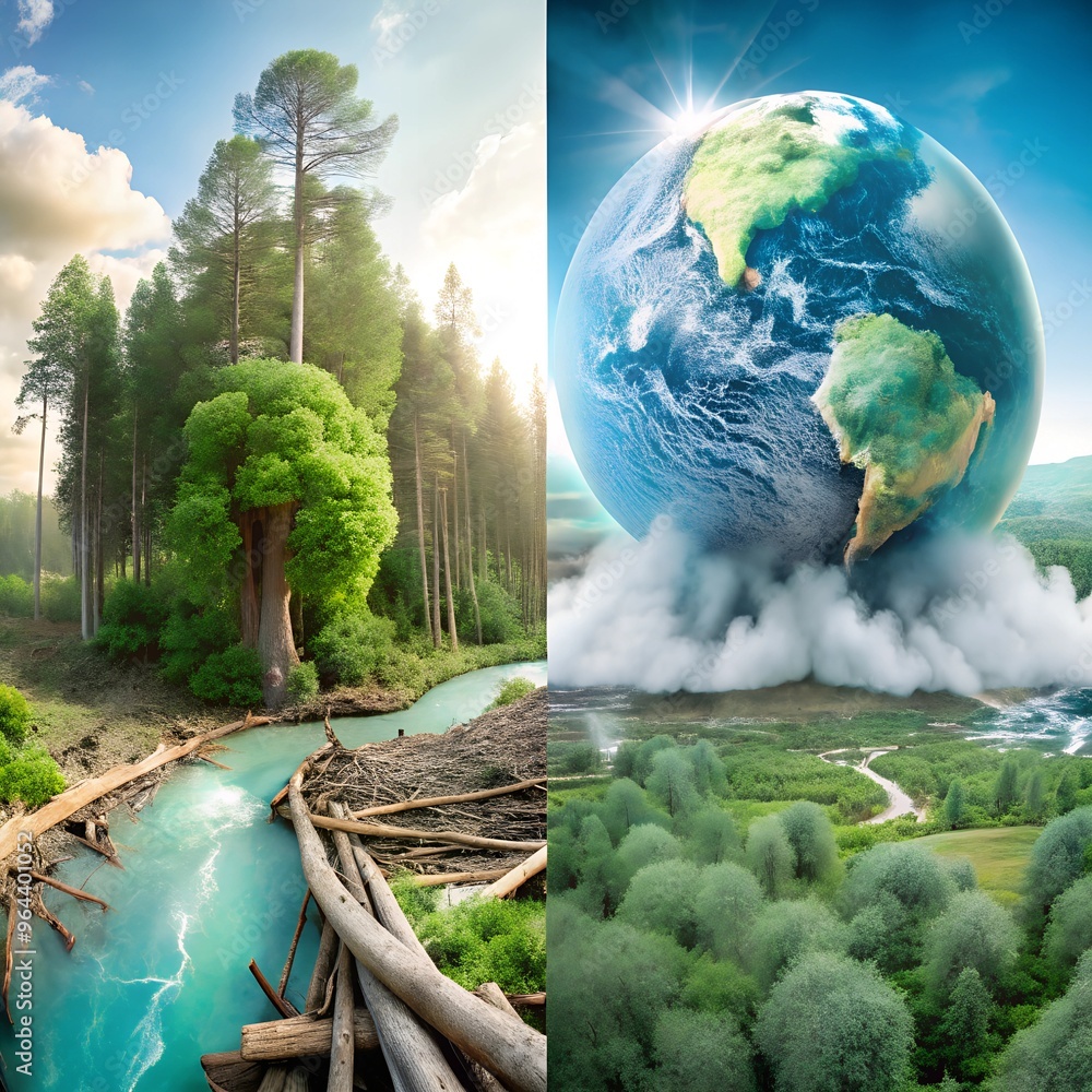 A dramatic depiction of nature's destruction through deforestation and ...