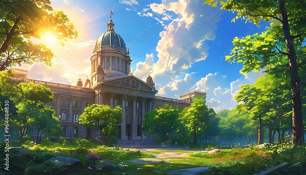 This is a magnificent building, standing under the sunny sky, with ...
