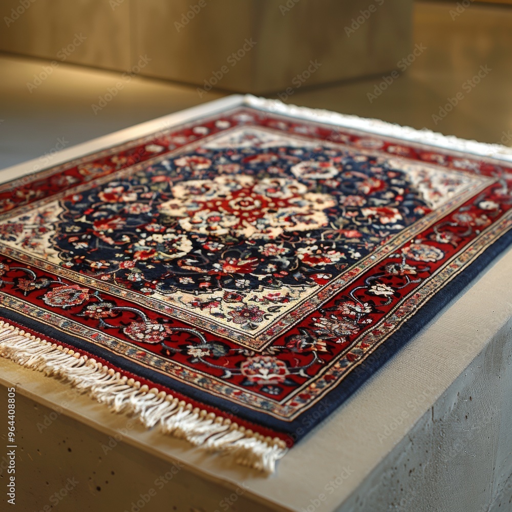 Traditional Persian carpet intricately woven with deep reds and blues ...