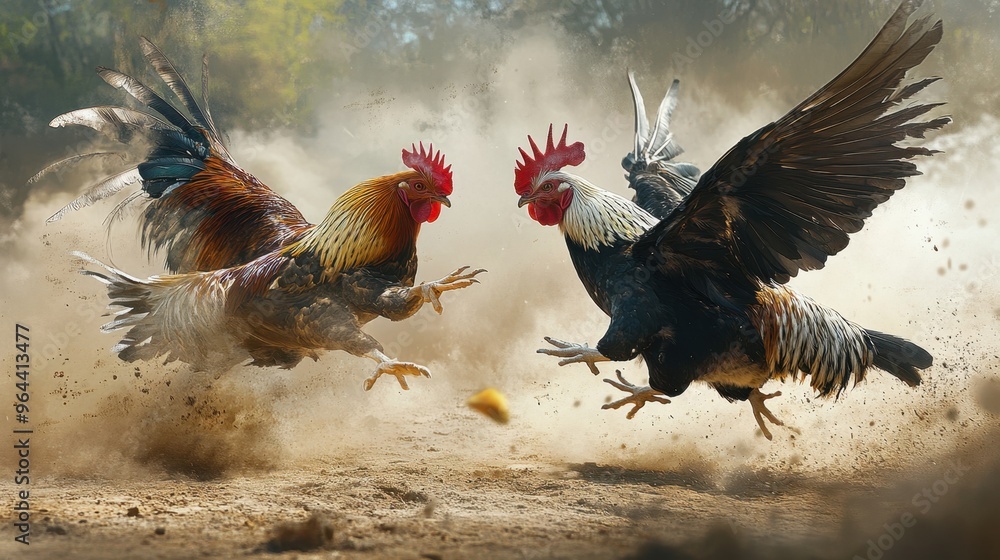 Roosters clash mid-air, locked in fierce combat with sharp eyes and ...