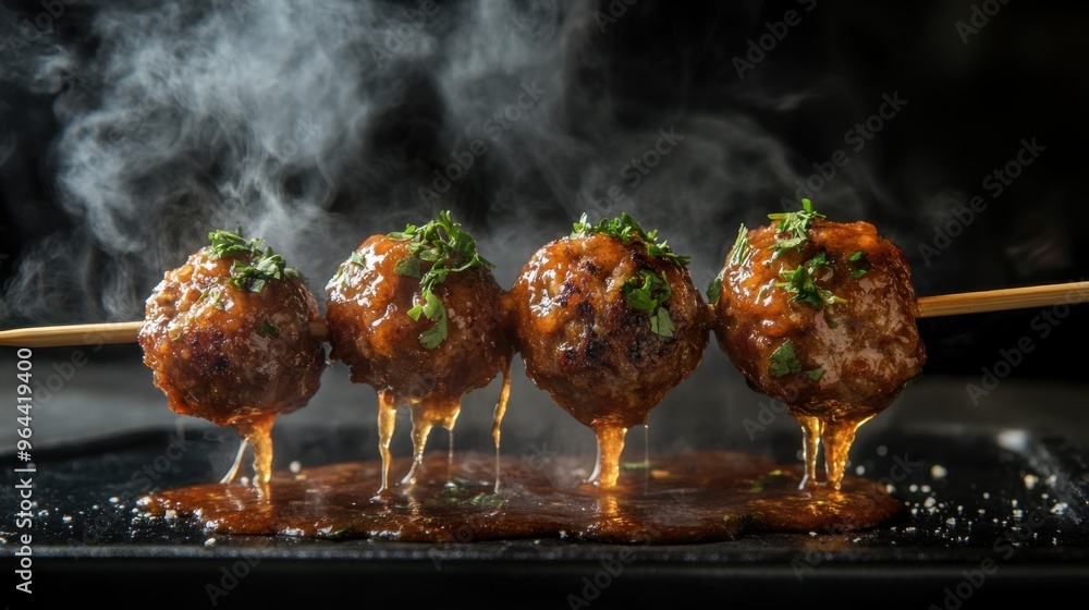 Five meatballs on each skewer, glistening with golden brown sauce and a ...