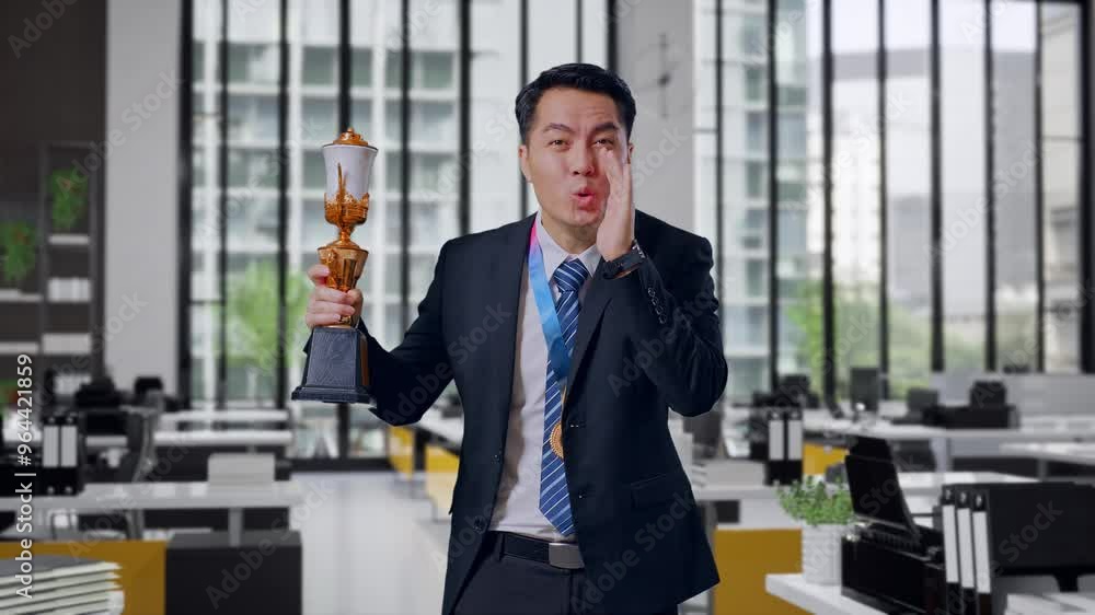 Asian Business Man In A Suit And Tie With A Gold Medal Holding A Gold ...