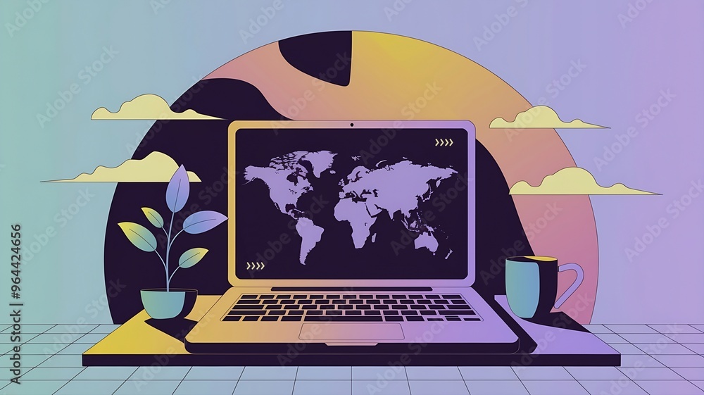 Stylized Laptop with World Map Illustrating Global Connectivity and ...