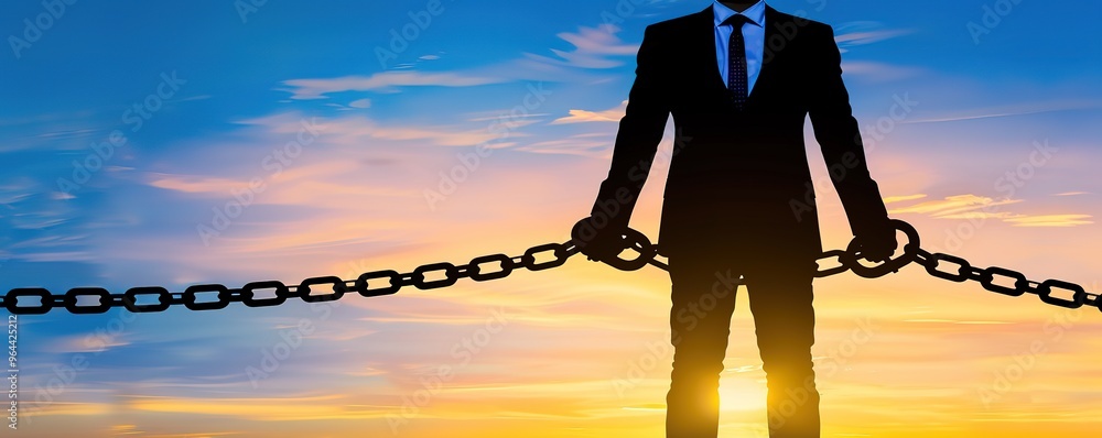 Silhouette of a businessman holding chains in front of a sunset sky ...