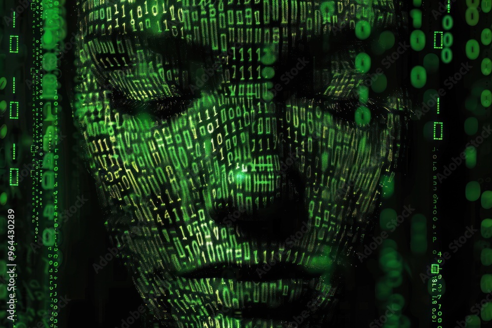 Pattern of green binary code in shape human face with glyphs, ones and ...