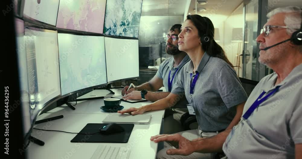 Engineer, control room and team monitor satellite maps to track storm ...