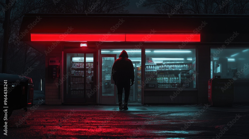 Dark, hooded figure exits a convenience store under the cover of night ...