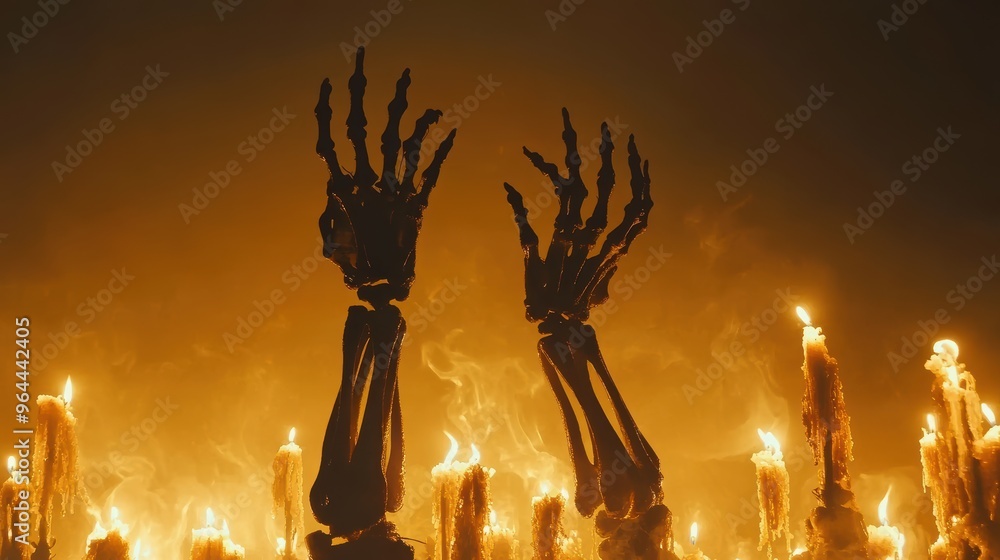 Skeleton hands reaching up from the ground, holding up candles that ...