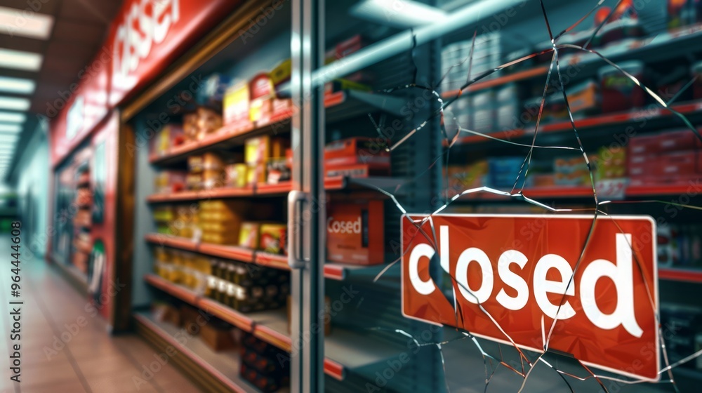 closed storefront with empty shelves, broken signage, and a "closed ...