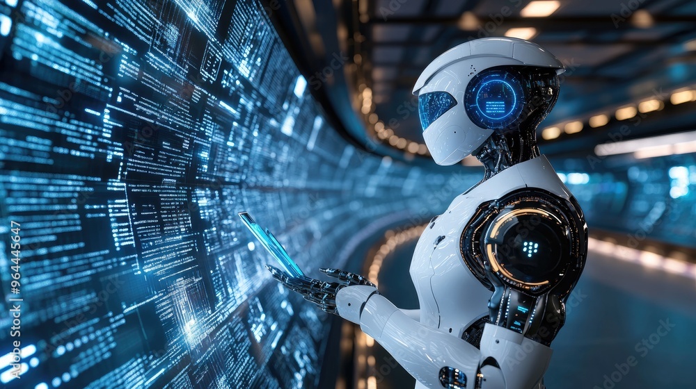 Futuristic AI robot analyzing data streams in a high-tech environment, representing cutting-edge ...