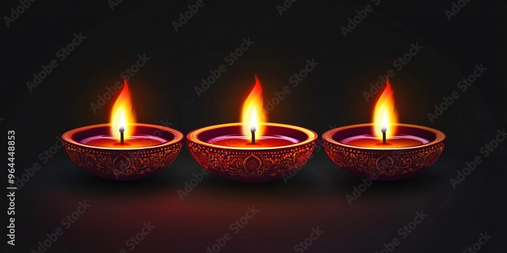 Three bright, lit diyas symbolizing Diwali, the festival of lights ...