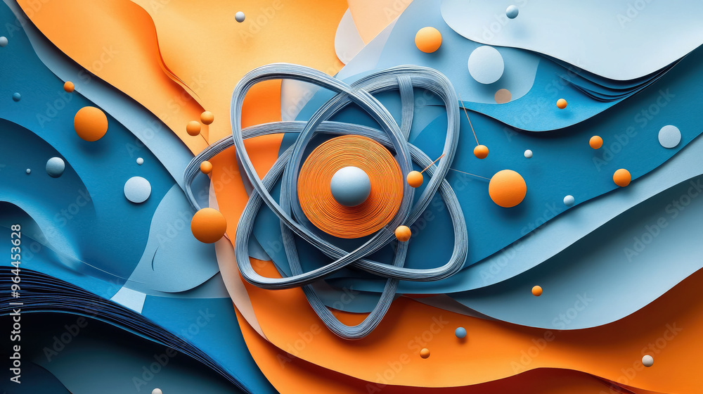 paper cut atom with electrons on color background, science, nuclear ...