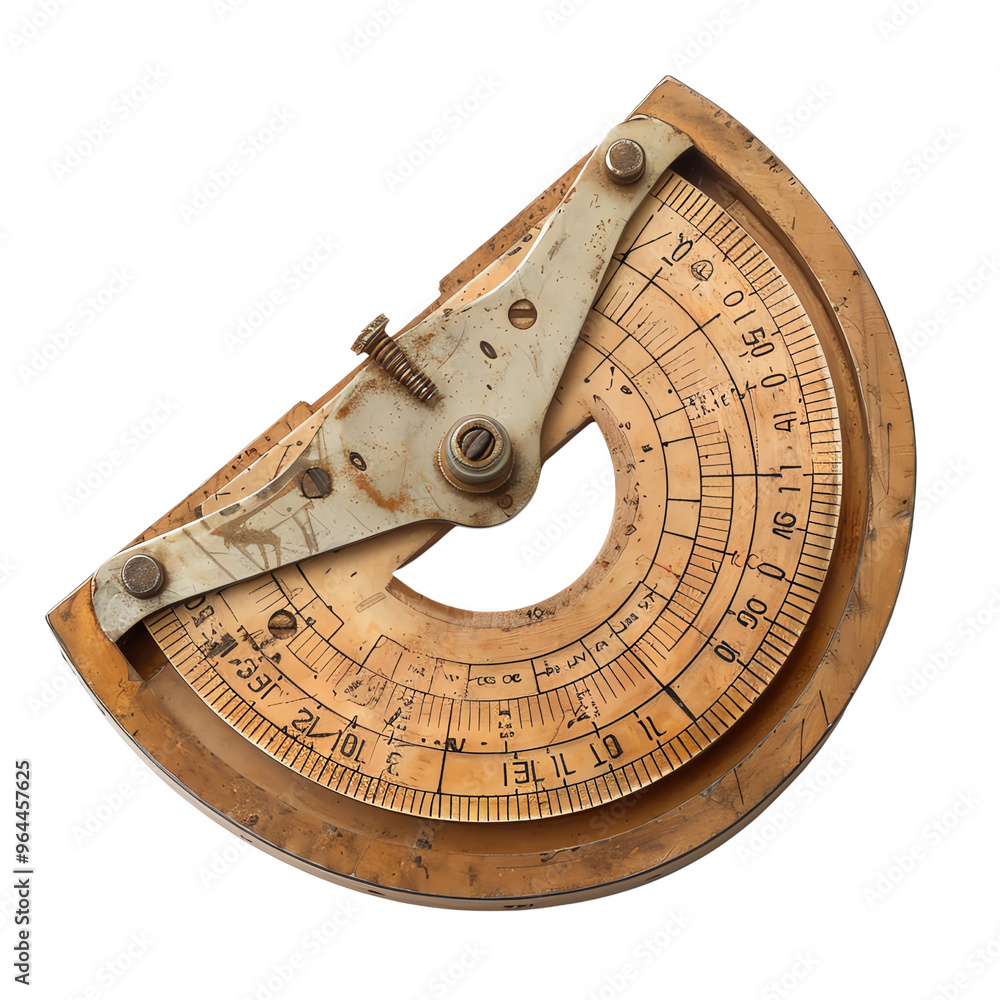 Vintage brass military protractor isolated on white background, showing ...