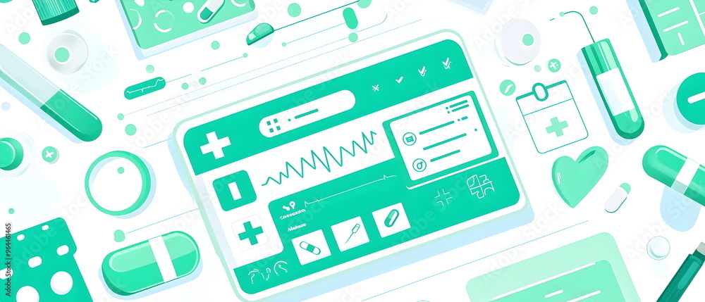 A flat illustration of a healthcare app interface, showing various ...