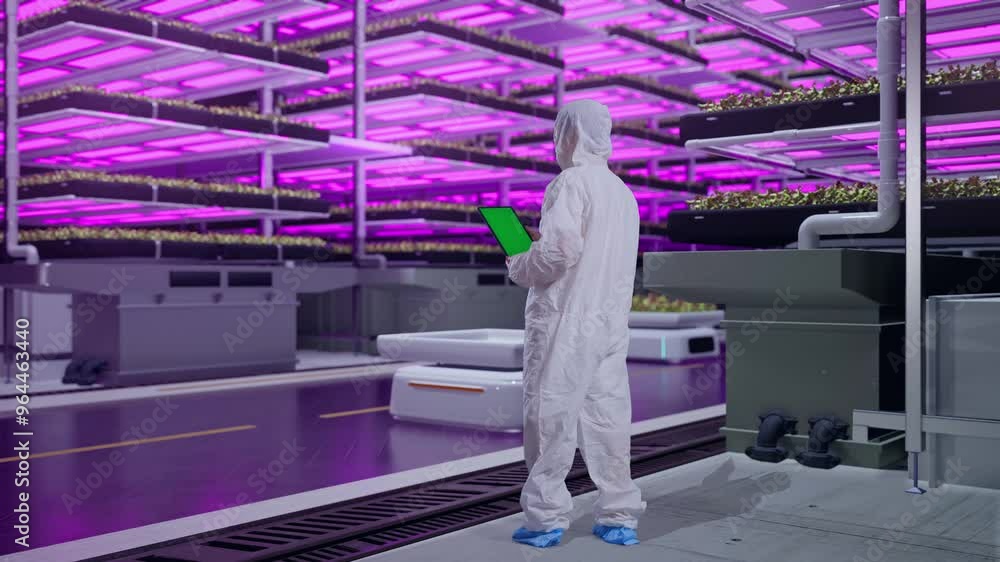 Full Body Back View Of Asian Male Scientist Use Green Screen Tablet ...
