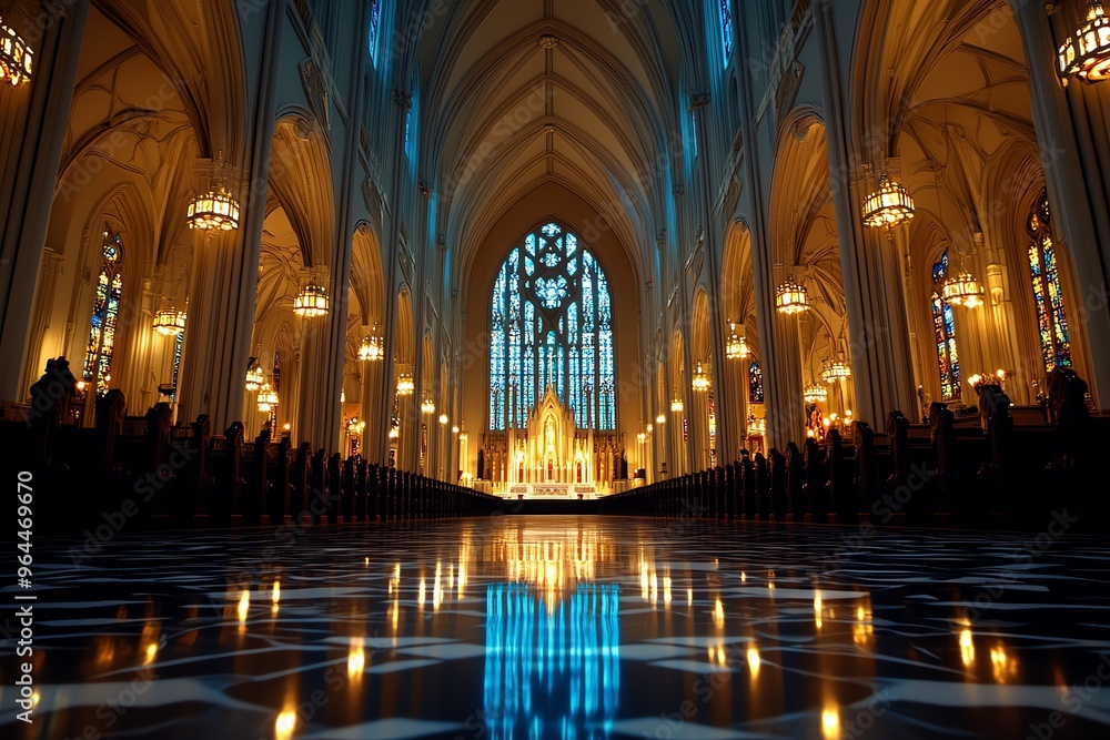 Church nave, vaulted ceilings, light pouring in through stained glass ...