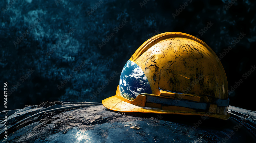 Helmet and Earth symbolizing workplace safety and health, highlighting ...