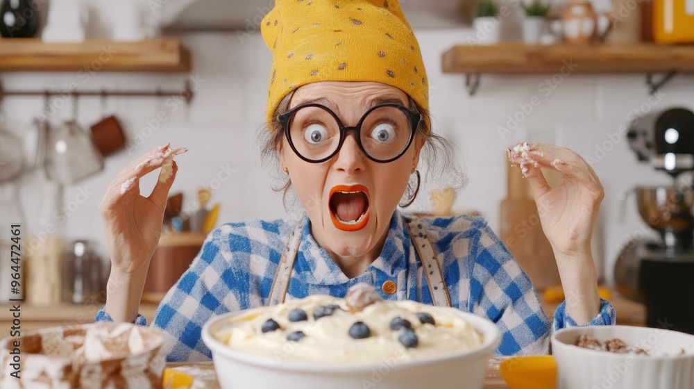 Clueless clumsy housewife attempting to make a dessert in her kitchen ...