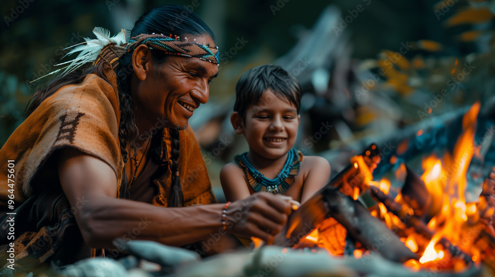 An Indigenous father and son building a campfire together ...