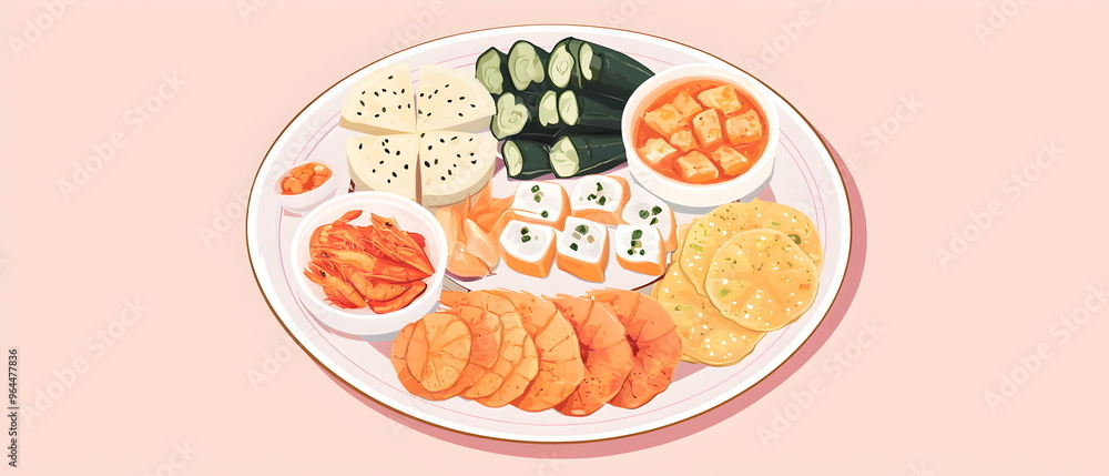 A flat illustration of traditional Chuseok foods, featuring songpyeon ...