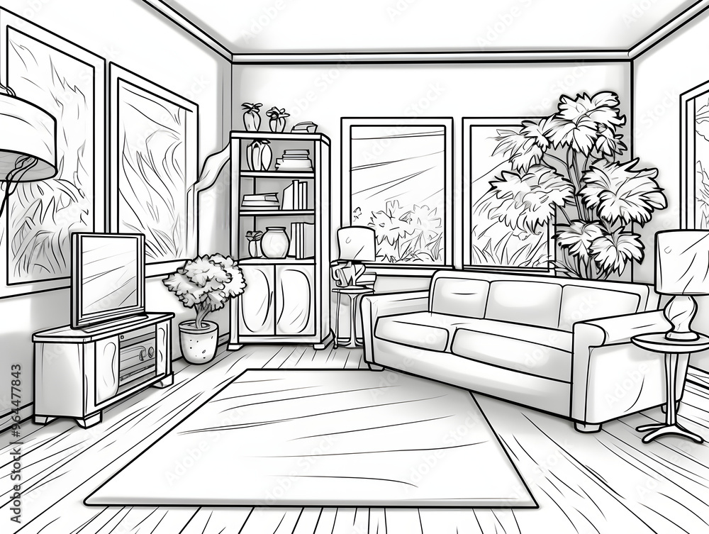 House Interior Easy to color cartoon illustration for adults a coloring ...
