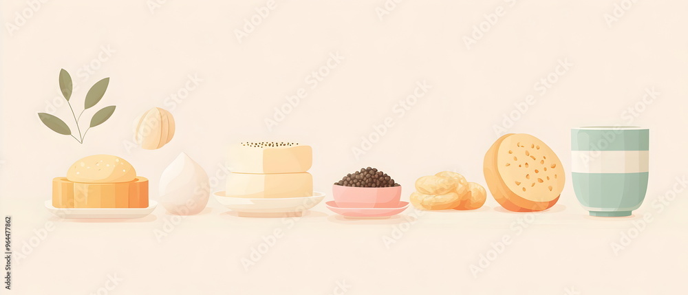 A flat illustration of traditional Chuseok foods, featuring songpyeon ...
